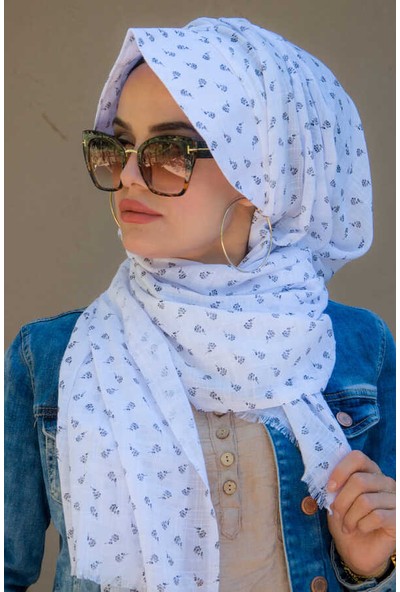 Aişe Tesettür Beyaz Çiçekli Flamlı Keten Şapkalı Şal - 50801