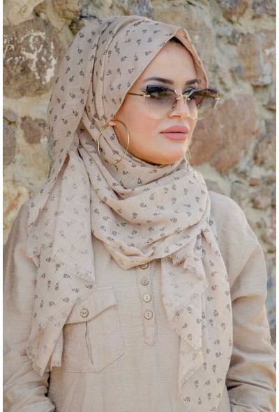 Aişe Tesettür Vizon Çiçekli Flamlı Keten Şapkalı Şal - 50801