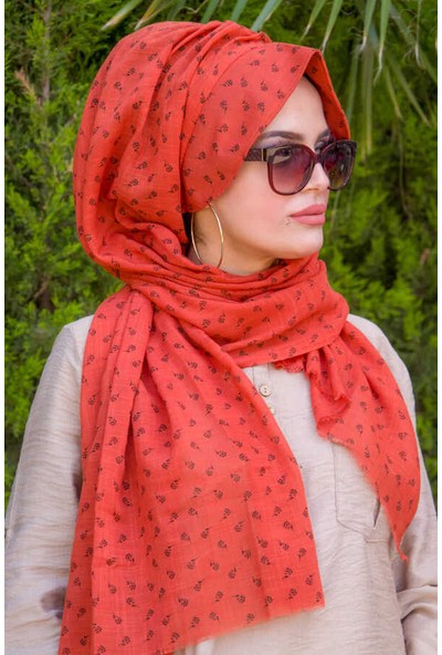 Aişe Tesettür Taba Çiçekli Flamlı Keten Şapkalı Şal - 50801
