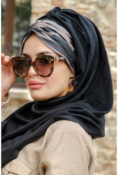 Aişe Tesettür Siyah Vizon Zebra Büzgülü Hazır Şal - 50601