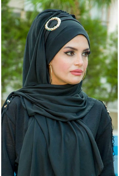 Aişe Tesettür Siyah Toka Akseuarlı Hazır Abiye Şal - 60402