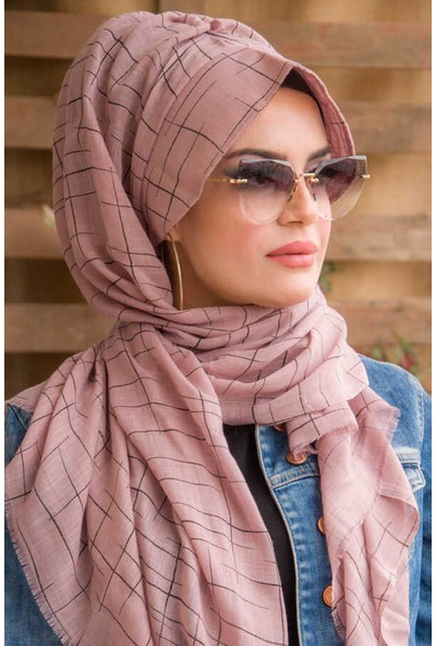 Aişe Tesettür Pudra Çizgi Flamlı Keten Şapkalı Şal - 50801