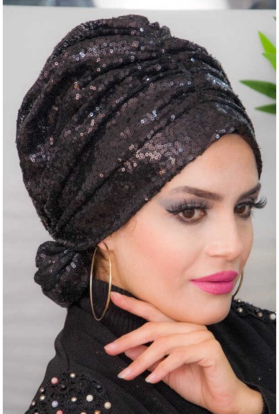 Aişe Tesettür Siyah Payet Abiye Tokalı Bone - 60102
