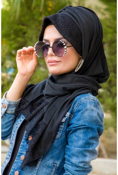 Aişe Tesettür Siyah Dantelli Şapka Şal - 50803