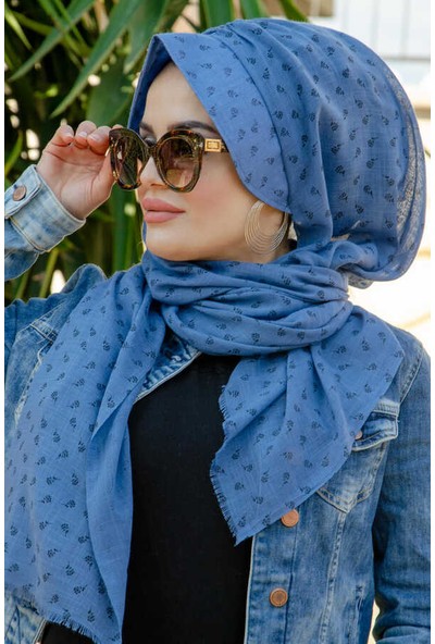 Aişe Tesettür Indigo Çiçekli Flamlı Keten Şapkalı Şal - 50801