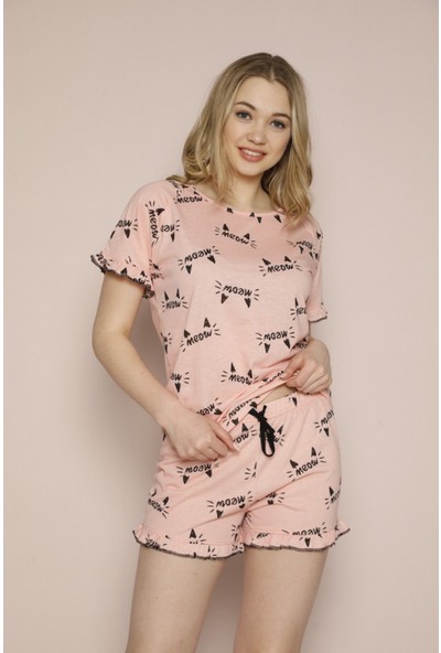 Pemilo Kadın 2400-10 Meow Yazılı Şortlu Pijama Takım Somon