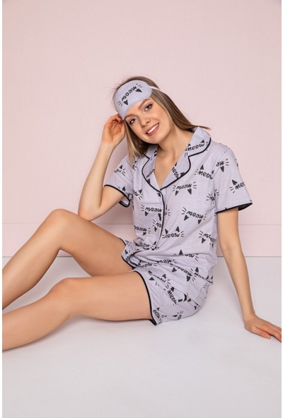 Pemilo Kadın 5587-10 Meow Yazılı Düğmeli Pijama Takım Gri