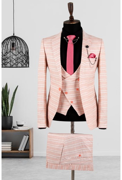 Deepsea Kare Desenli Slim Fit 3'lü Erkek Takım Elbise 2201051 Deepsea Kare Desenli Slim Fit 3'lü Erkek Takım Elbise 2201051