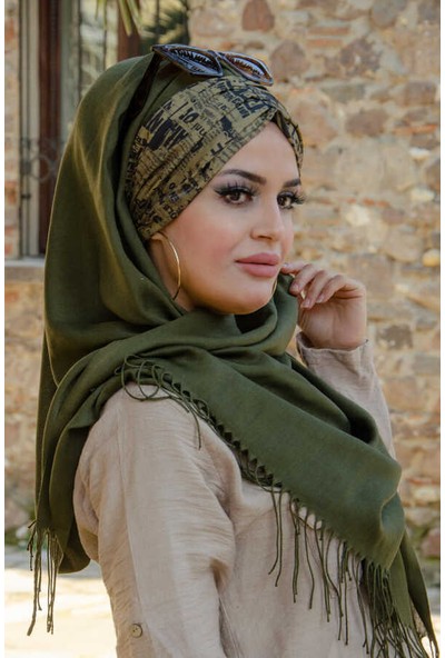 Aişe Tesettür Haki Siyah Büzgülü Hazır Şal - 50601