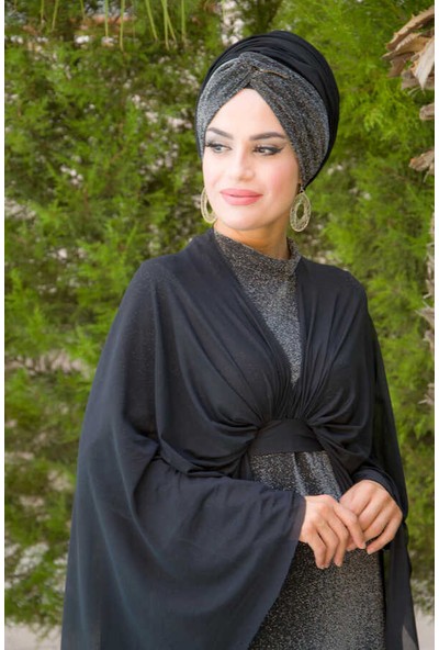 Aişe Tesettür Siyah Antrasit Büzgülü Hazır Abiye Şal - 60400