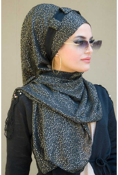 Aişe Tesettür Siyah Gold Biritli Hazır Şal - 50200
