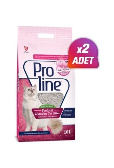 Pro Line 2 Adet - Proline Bebek Pudra Kokulu Hızlı Topaklanan Bentonit Kedi Kumu Kalın 10 Lt