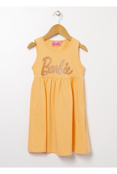 Barbie Bisiklet Yaka Standart Kalip Baskılı Turuncu Kız Çocuk Elbise - 22BS-120