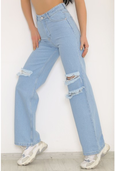 Yırtıklı Palazzo Kot Pantolon Açıkmavi