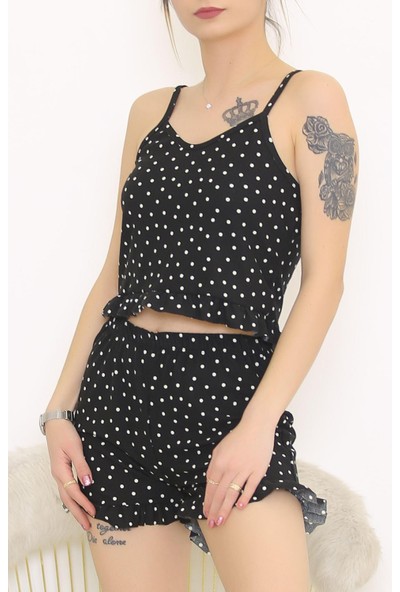 Kasheha Kadın Siyah-Beyaz Desenli Crop Şortlu Ikili Pijama Takımı - KAD3325594
