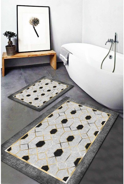 Krem Gri Altıgen Desenli 2'li Halı Takımı (60X100/40X60) - CP1328 Krem Gri Altıgen Desenli 2'li Halı Takımı (60X100/40X60) - CP1328