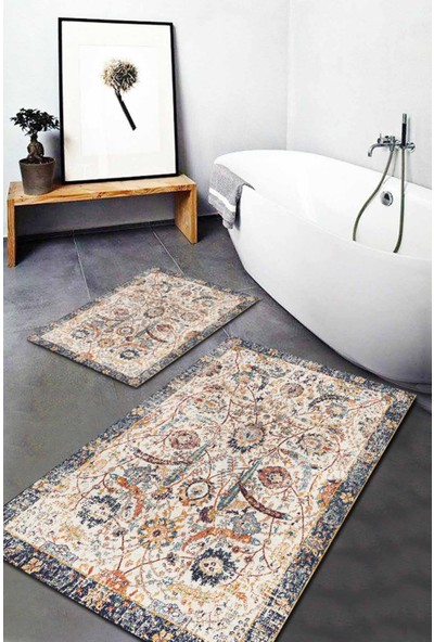 Lacivert Çerçeve Nostalji 2'li Halı Takımı (60X100/40X60) - CP1335