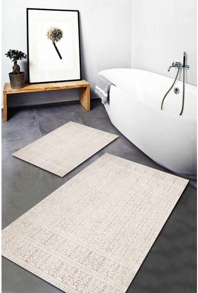 Krem Etnik Desenli 2'li Halı Takımı (60X100/40X60) - CP1339