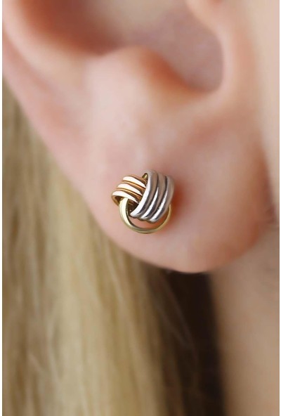 Akay Gold Üç Renk Düğüm Pimli Küpe