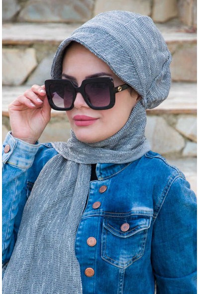 Aişe Tesettür Gri Beyaz Atkılı Şapka - 30305