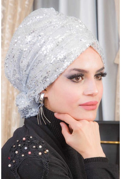 Aişe Tesettür Gümüş Payet Abiye Tokalı Bone - 60102