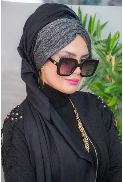 Aişe Tesettür Siyah Antrasit Koton Şapkalı Şal - 50800