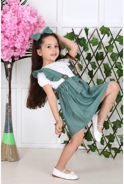 Yaren Kids Kız Çocukgüpür Detay Bluz Taç ve Jile Kombin - Yeşil