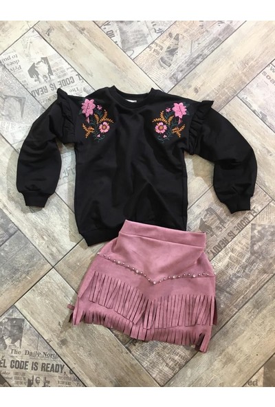 Kız Çocuk Üst Sweatshirt ve Kadife Işlemeli Elbise