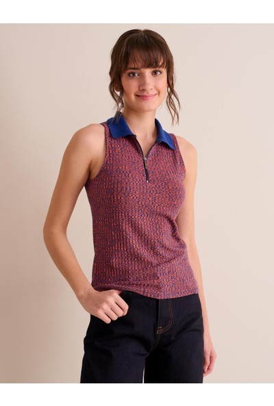 Kadın Turuncu Dar Kesim Kolsuz Polo Yaka Örme T-Shirt Kadın Turuncu Dar Kesim Kolsuz Polo Yaka Örme T-Shirt