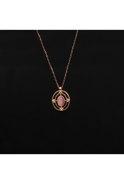 Ravza Gümüş 925 Ayar Gümüş Pembe Kedi Gözü Taşlı Sultan Kolye