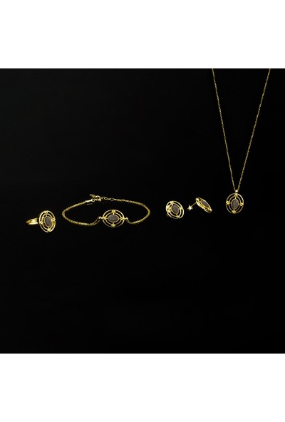 Ravza Gümüş 925 Ayar Gümüş Antrasit Kedi Gözü Taşlı Sultan 4'lü Takı Seti
