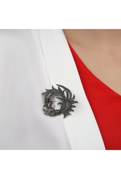 Sima Silver Gümüş Tasarım Yaprak Figürlü Bayan Yaka Iğnesi Broş Ta