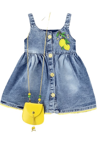 Balböceğim Limon Desenli Çantalı Kız Çocuk Kot Elbise