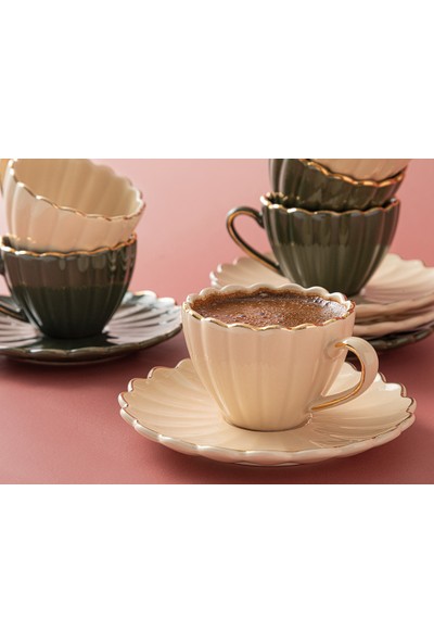 English Home Maria Porselen 6'lı Kahve Fincan Takımı 90 ml Bej - Yeşil