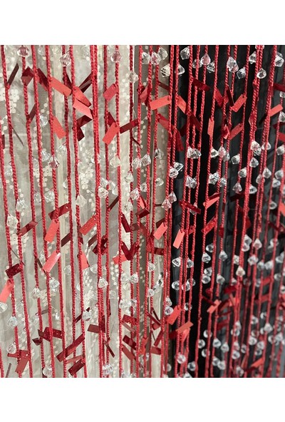 Gönülden Tasarım Kırmızı Parlak Pullu ve Cam Taşlı Asimetri Ip Perde Boy 2.00 En Ayarlanabilir 20 Adet