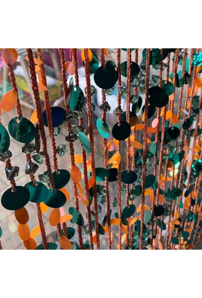 Gönülden Tasarım Turuncu Pul,zümrüt Yeşili Pul ve Cam Taşlar Ip Perde Boy 1.90 En Ayarlanabilir 30 Adet