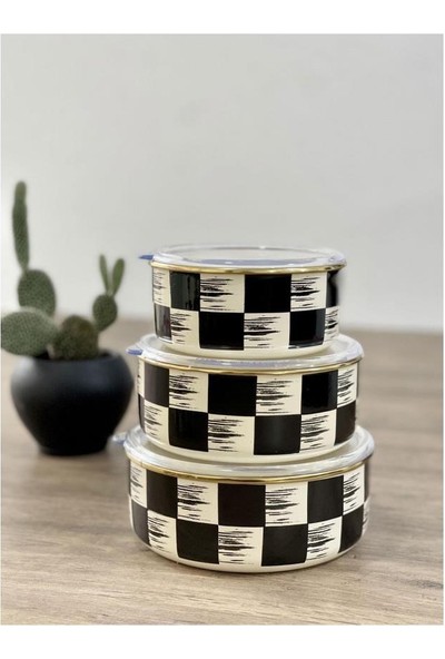 Acar Kitchen Beyond Dama Desen Siyah-Krem Emaye 3 Lü Saklama Kabı 0517