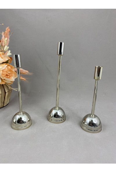 Gümüş 3'lü Metal Çubuk Mumluk Şamdan