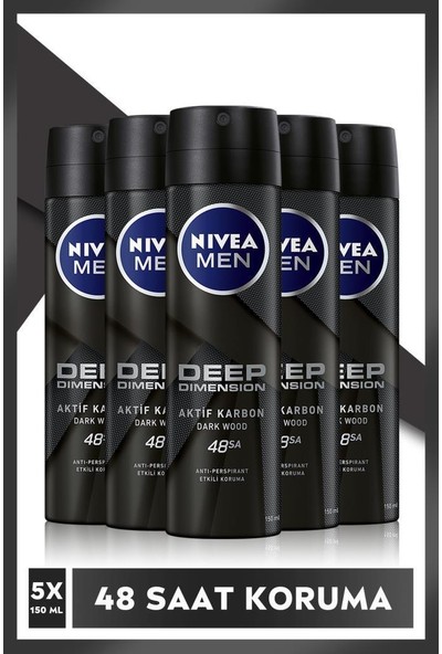 Nivea Men Erkek Sprey Deodorant Deep Dimension 48 Saat Anti-Perspirant Koruma 150ML x 5 Adet Nivea Men Erkek Sprey Deodorant Deep Dimension 48 Saat Anti-Perspirant Koruma 150ML x 5 Adet