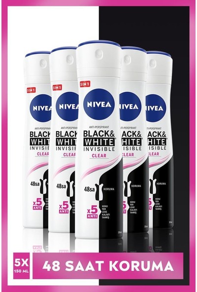 Nivea Kadın Sprey Deodorant Black&white Invisible Clear 48 Saat Anti-Perspirant Koruma 150ML x 5 Adet Nivea Kadın Sprey Deodorant Black&white Invisible Clear 48 Saat Anti-Perspirant Koruma 150ML x 5 Adet