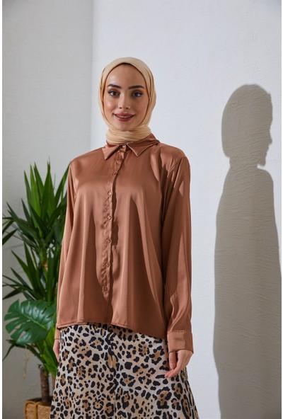 Saten Düz Bluz Toprak