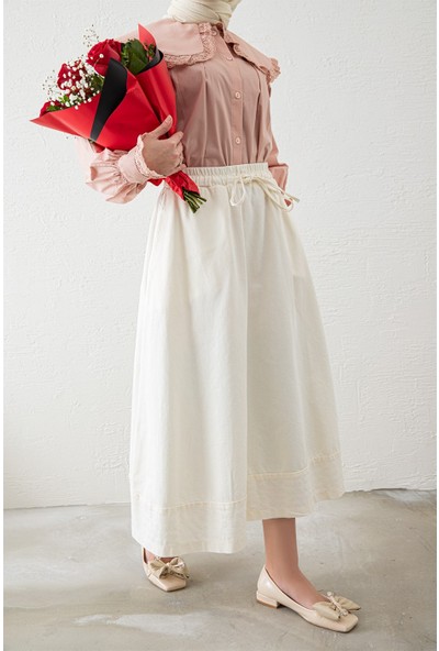 Gabardin Kloş Etek Ekru