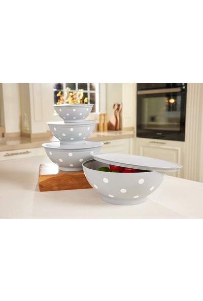 Benekli Kapaklı Kase 4'lü Set Gri 3lt 1,5 Lt 0,75 Lt 0,35 Lt