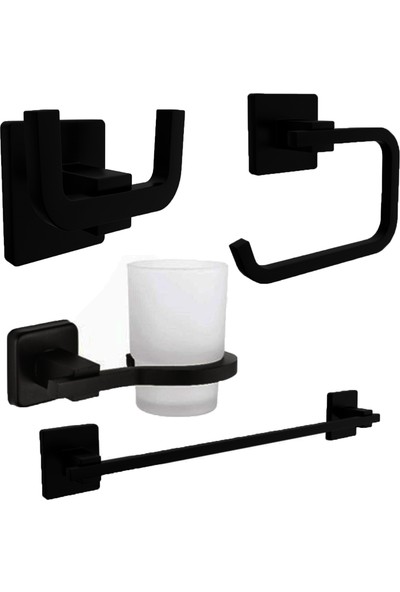 Fndhome Banyo Aksesuar Siyah Kare 4 Lü Set Uzun Havluluklu