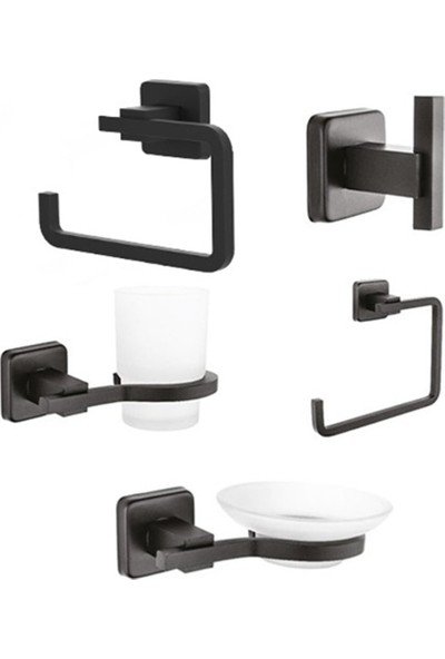 Fndhome Banyo Aksesuar Siyah Kare 5 Li Set Kare Havluluklu