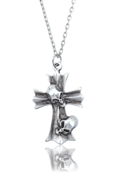Bu Farklı Kuru Kafa Haç Erkek Kadın Kolye Antik Gümüş Kaplama - 60 cm Düz Zincir