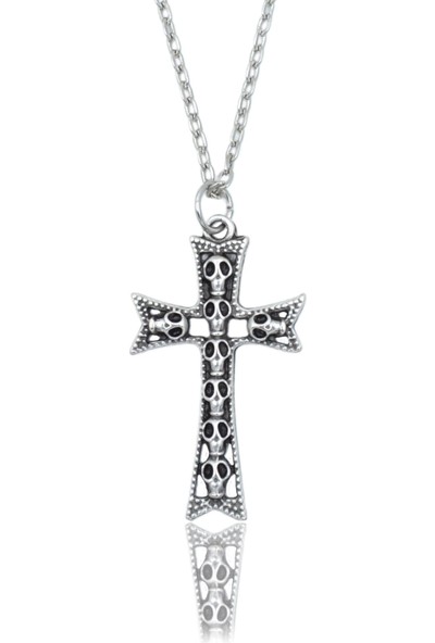 Bu Farklı Kuru Kafalı Haç Erkek Kadın Kolye Antik Gümüş Kaplama - 60 cm Düz Zincir