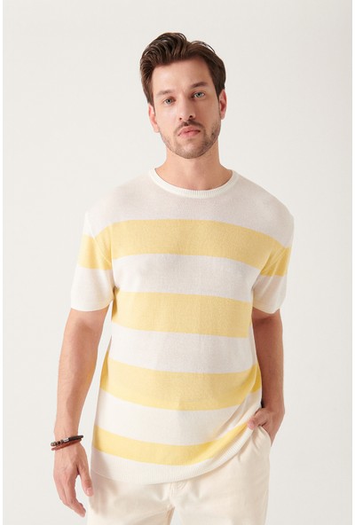 Avva Erkek Sarı Bisiklet Yaka Çizgili Kısa Kol Kazak A21Y5026
