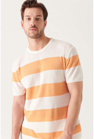 Avva Erkek Turuncu Bisiklet Yaka Çizgili Kısa Kol Kazak A21Y5026