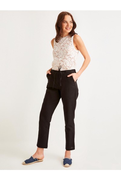 Kadın Siyah Yüksek Bel Rahat Kesim Keten Pantolon